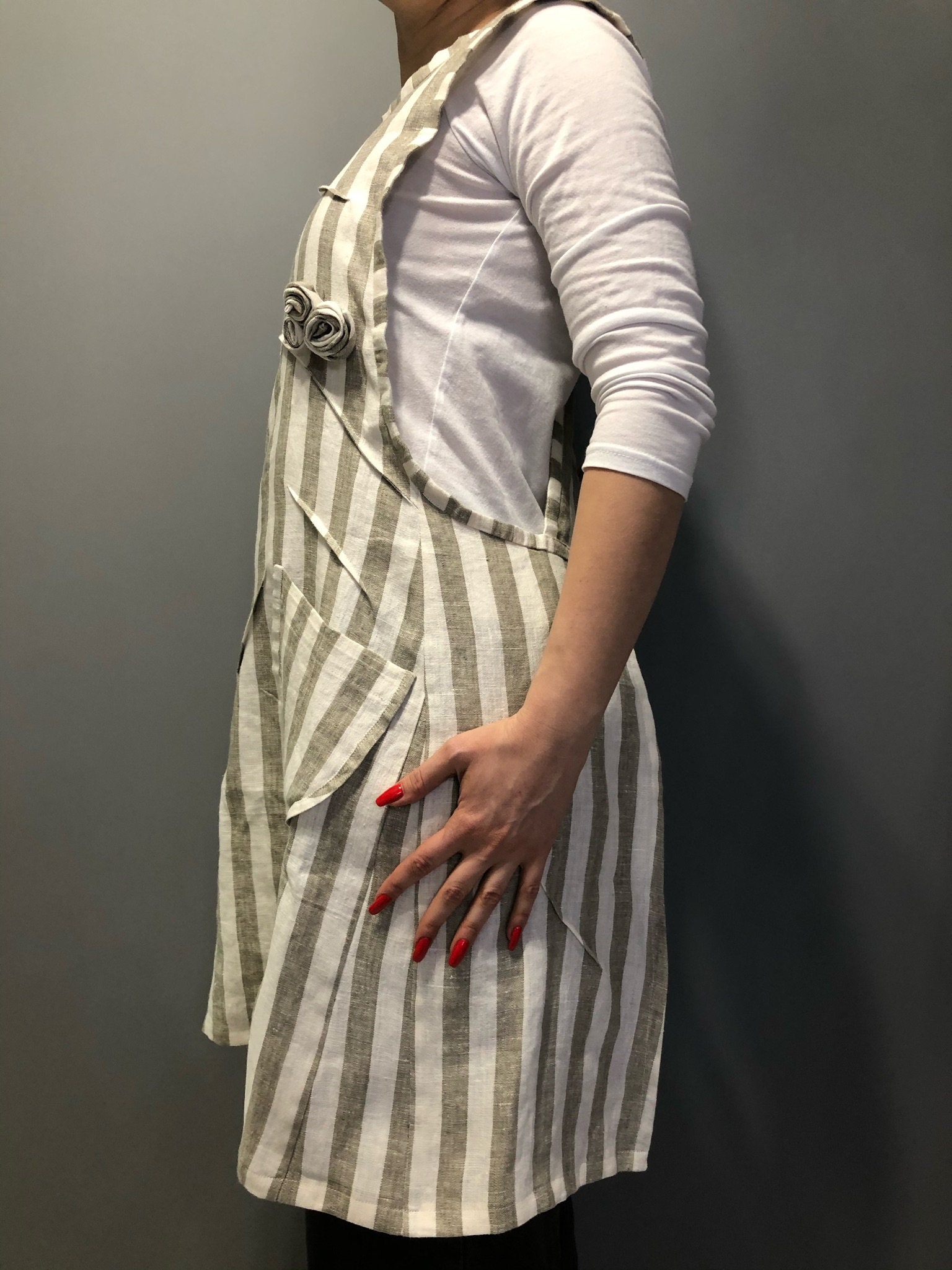 Striped Linen Apron in Boho Style With Decoration in the Form of ...