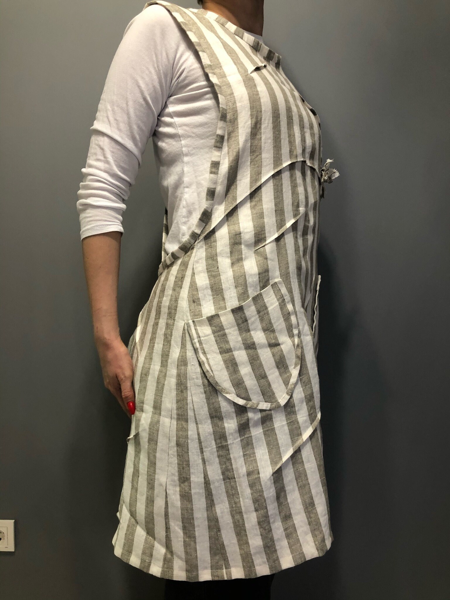 Striped Linen Apron in Boho Style With Decoration in the Form of ...