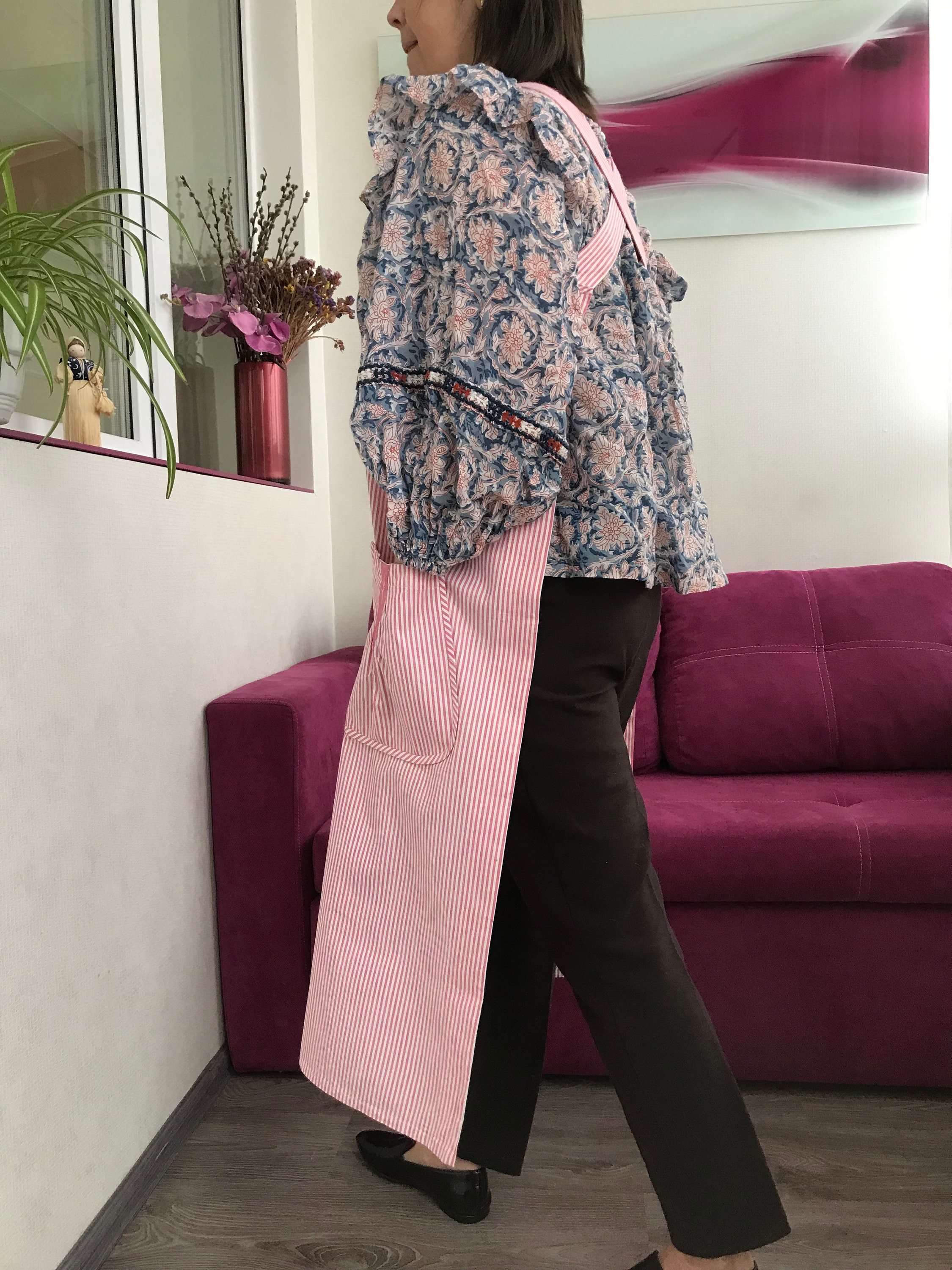 Retro Cotton Apron / Pink Striped Long Apron / Womens Gardeners Apron ...