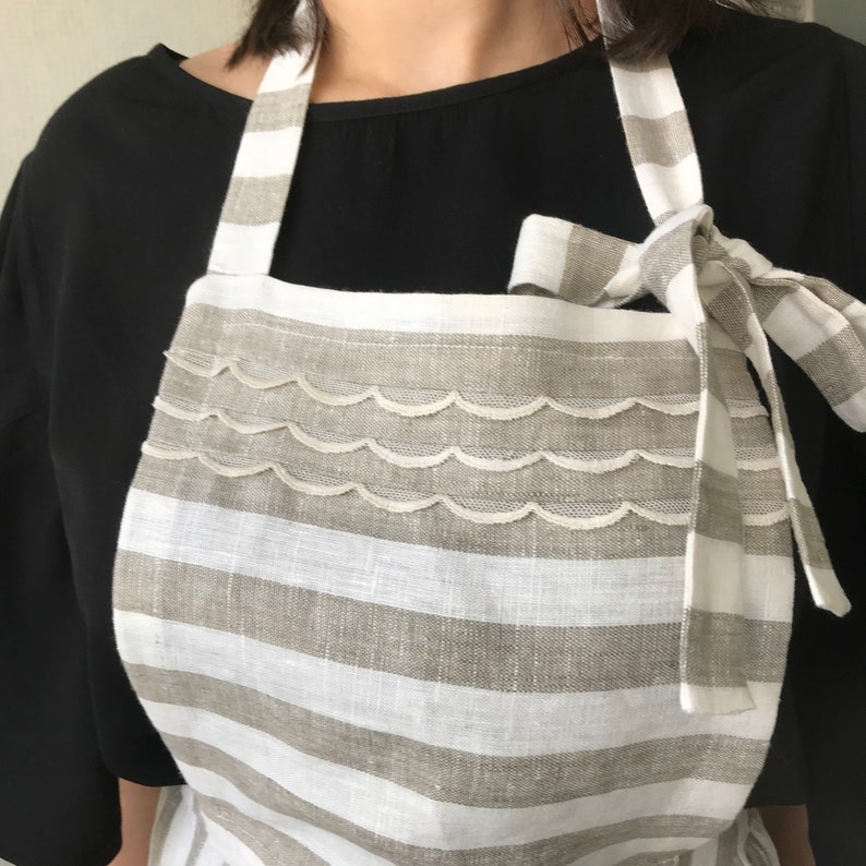 Retro Apron Gray Striped Linen/ Long Apron/ Full Apron With Pockets ...