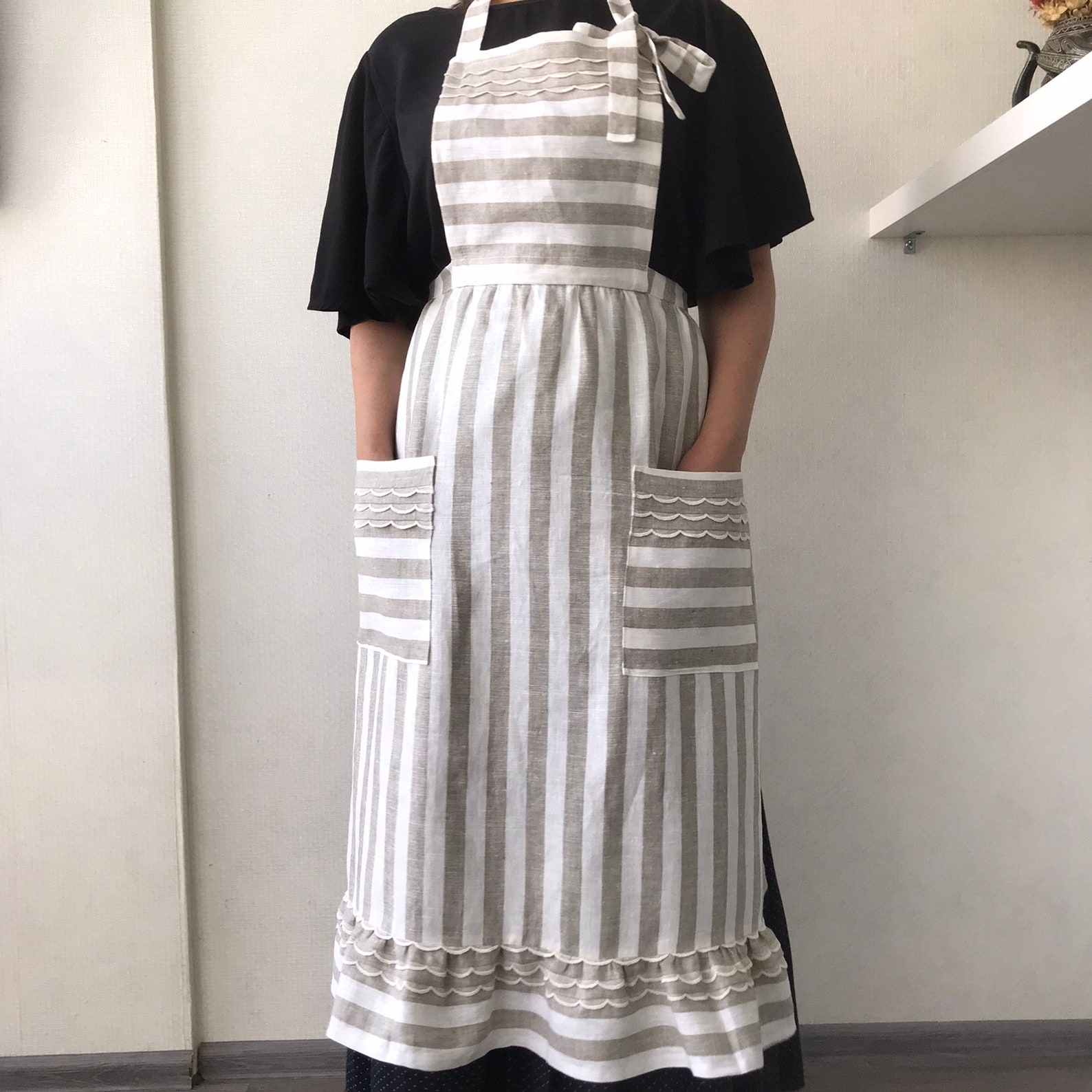 Retro Apron Gray Striped Linen/ Long Apron/ Full Apron With Pockets ...