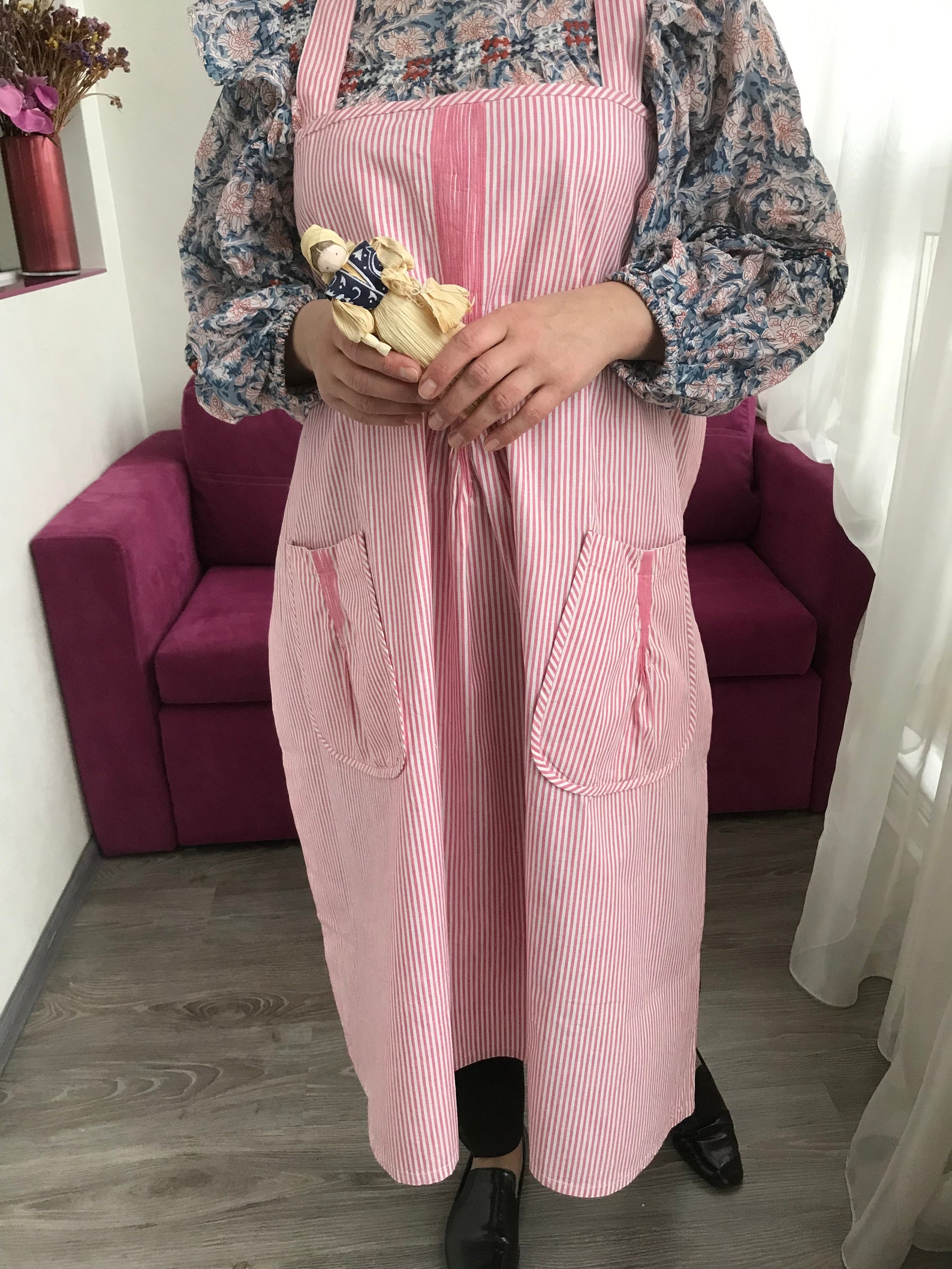 Retro Cotton Apron / Pink Striped Long Apron / Womens Gardeners Apron ...