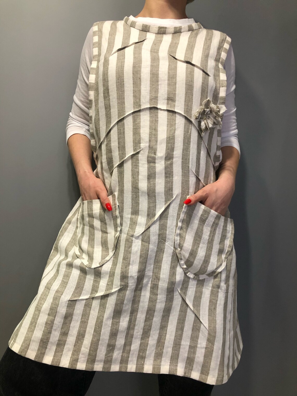 Striped Linen Apron in Boho Style With Decoration in the Form of ...