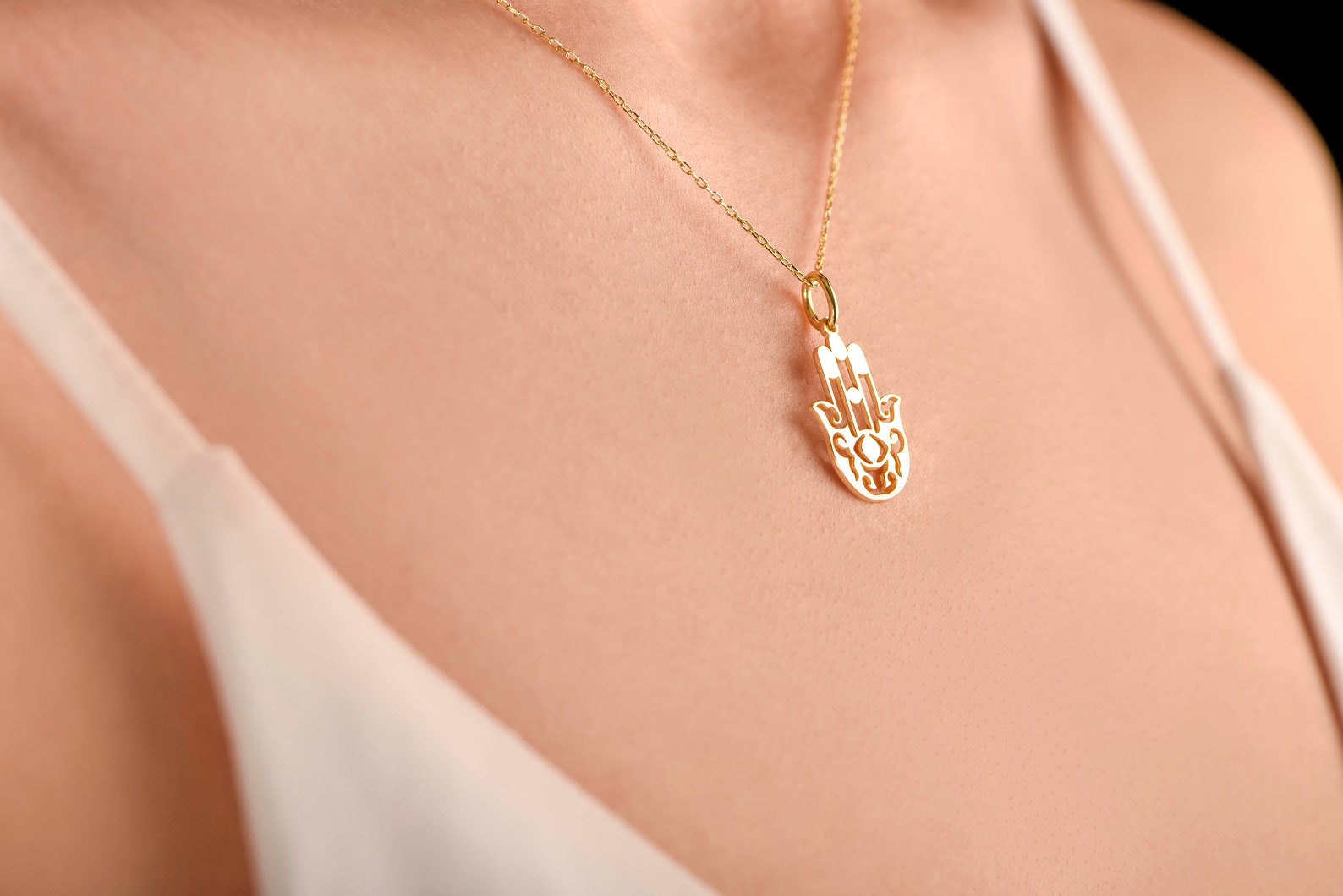 Hamsa Symbol Necklace / 14K Yellow Gold Hamsa Chain / | Etsy