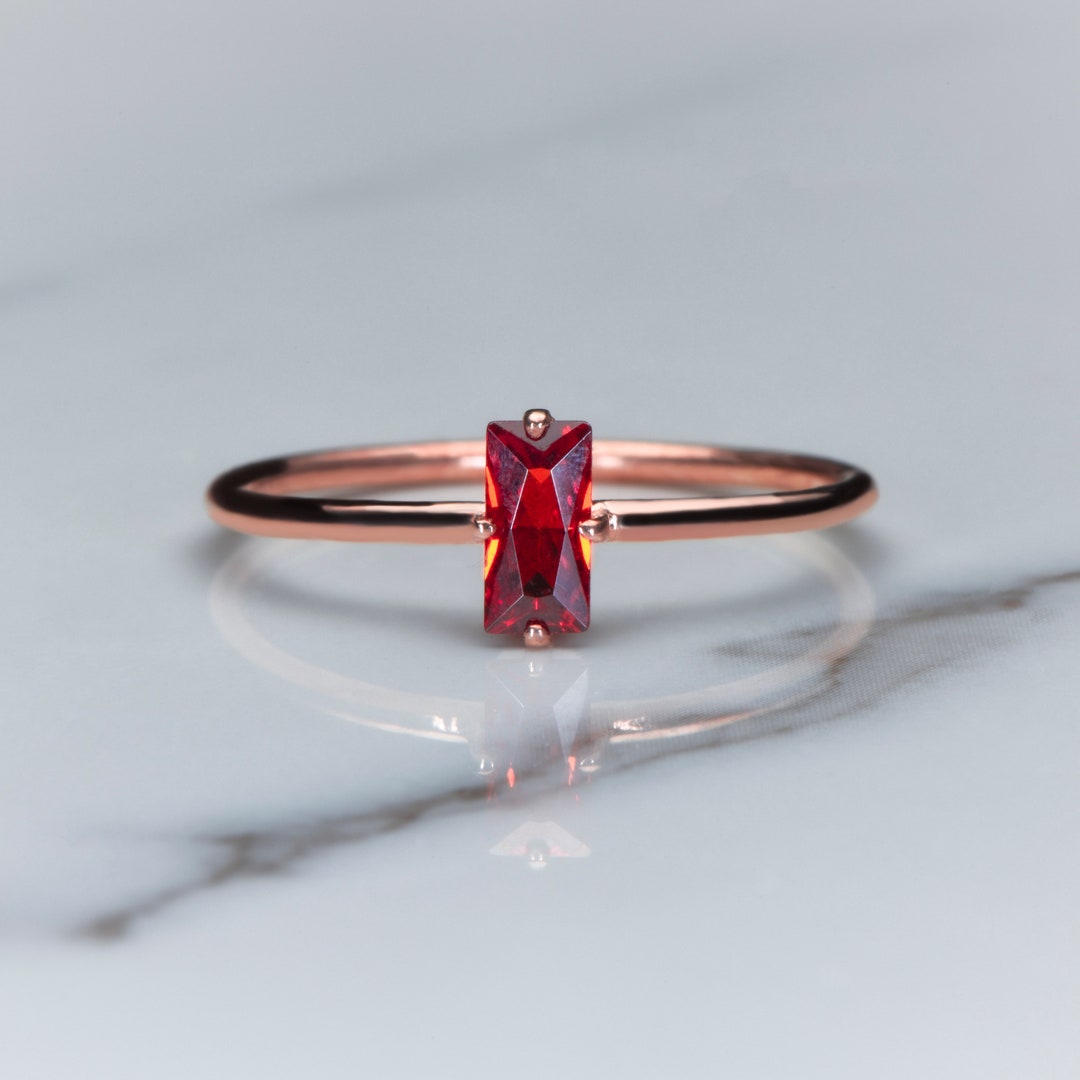 Baguette Garnet Solitaire Ring, 14K Solid Gold Garnet Ring, Simple ...