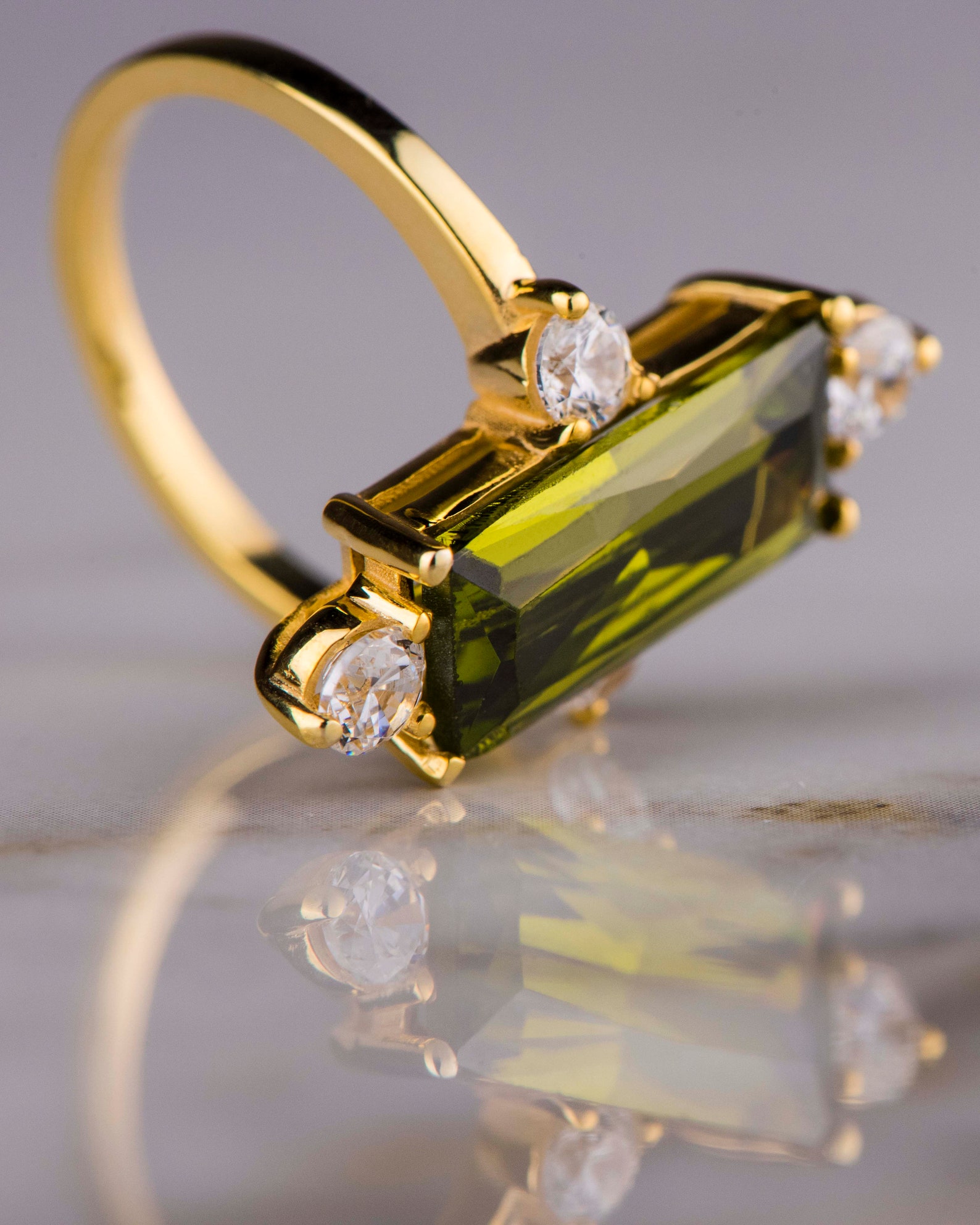 14K Solid Gold Peridot Long Baguette Diamond Anniversary Ring | Etsy