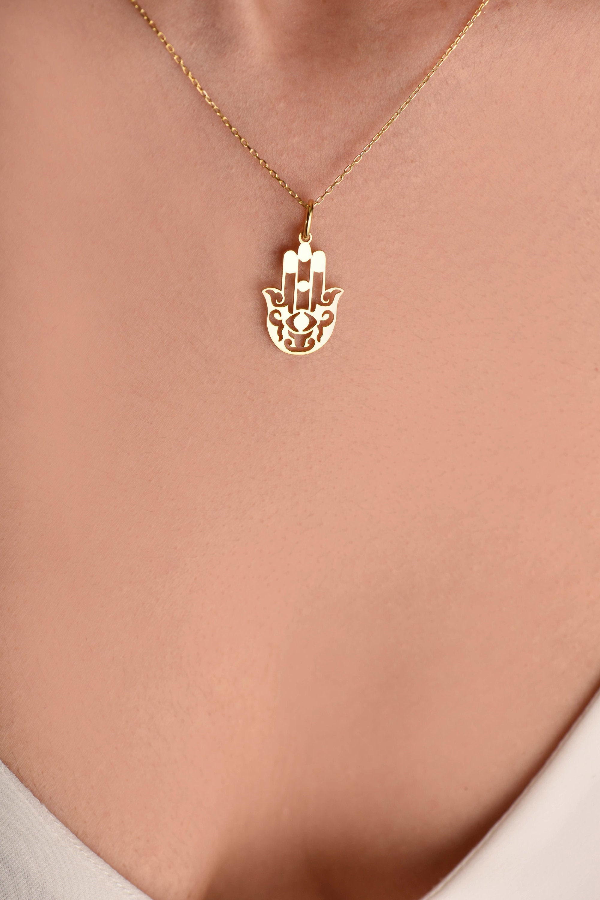 Hamsa Symbol Necklace / 14K Yellow Gold Hamsa Chain / - Etsy