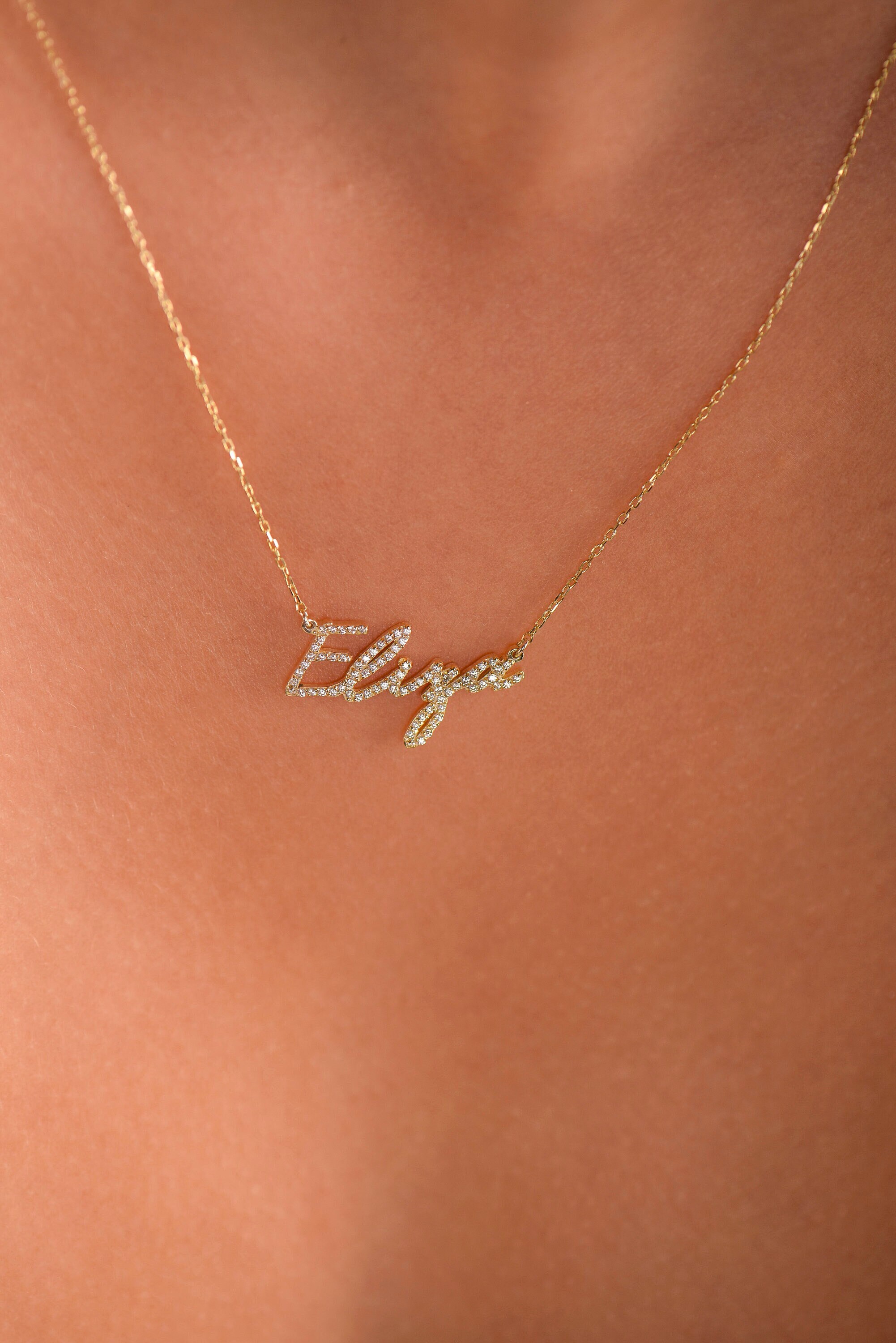 14k Solid Gold Name Necklace / Diamond Name Necklace / Gold - Etsy