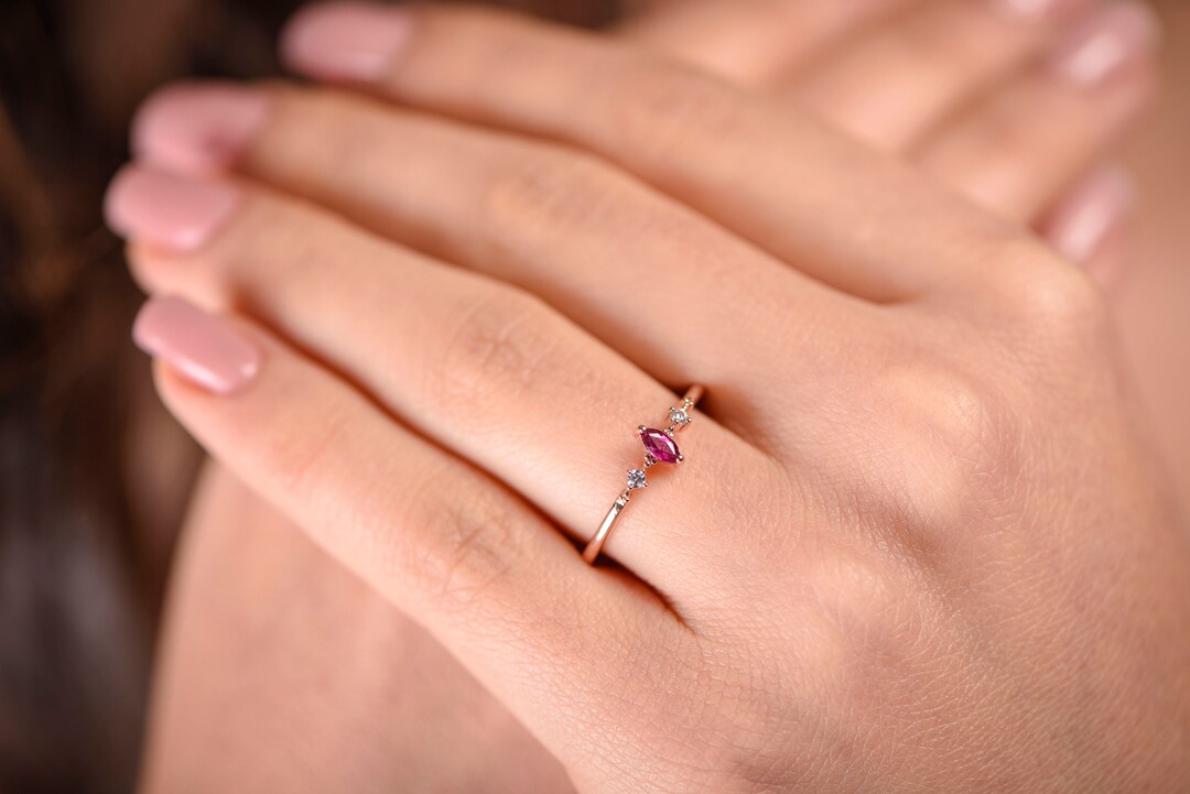 Solid Gold Ruby Stone Ring, Marquise Cut Ruby and Diamond Ring, Minimal ...