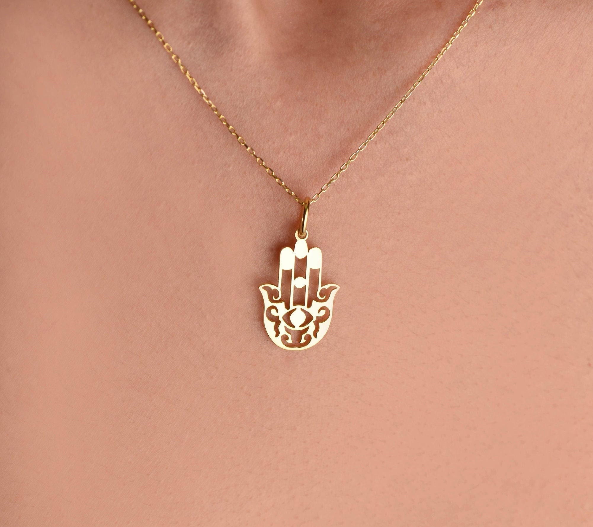 Hamsa Symbol Necklace / 14K Yellow Gold Hamsa Chain / - Etsy