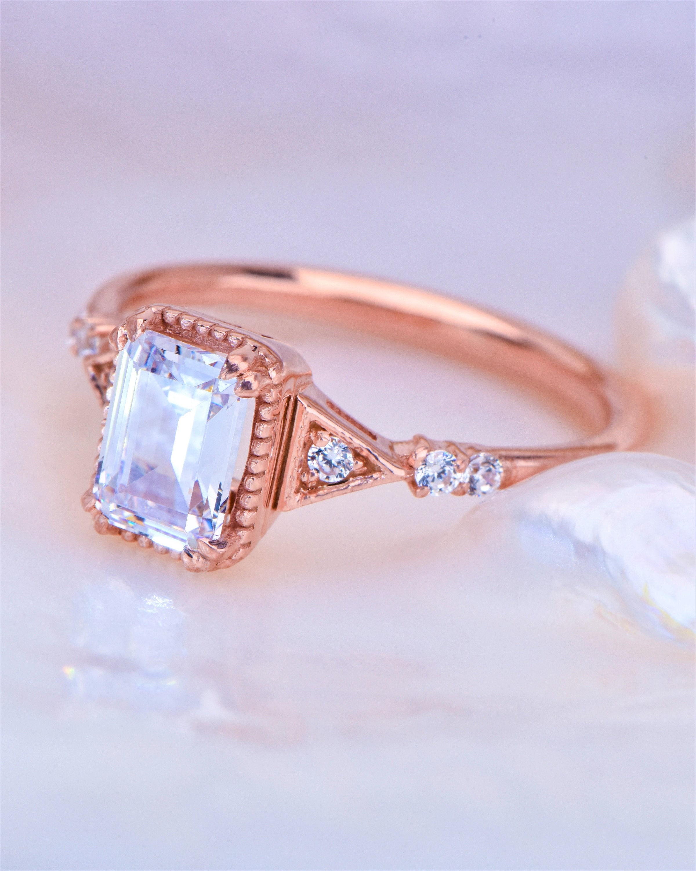 Emerald Cut Moissanite Engagement Ring 14k Rose Gold Unique Etsy