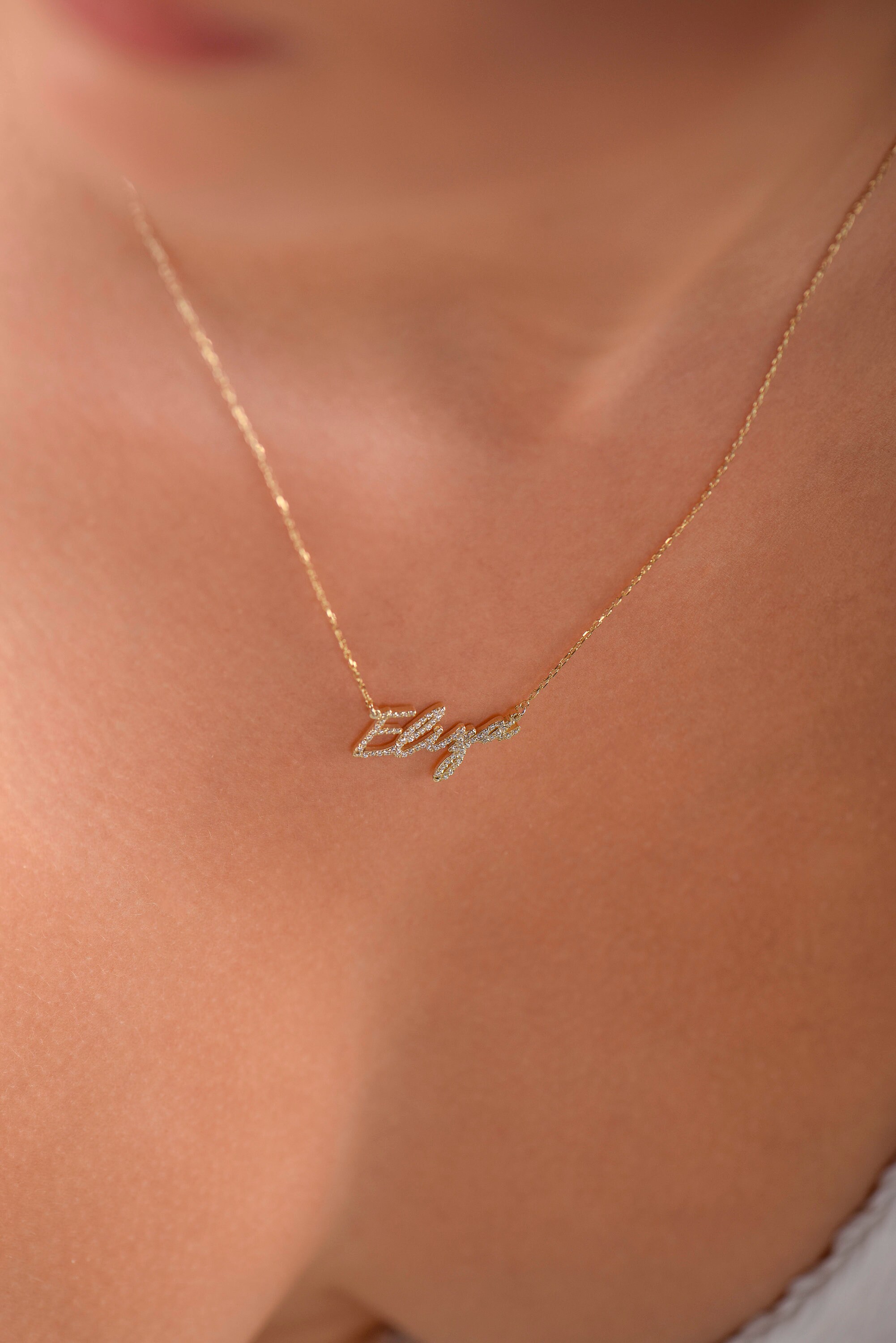 14k Solid Gold Name Necklace / Diamond Name Necklace / Gold - Etsy