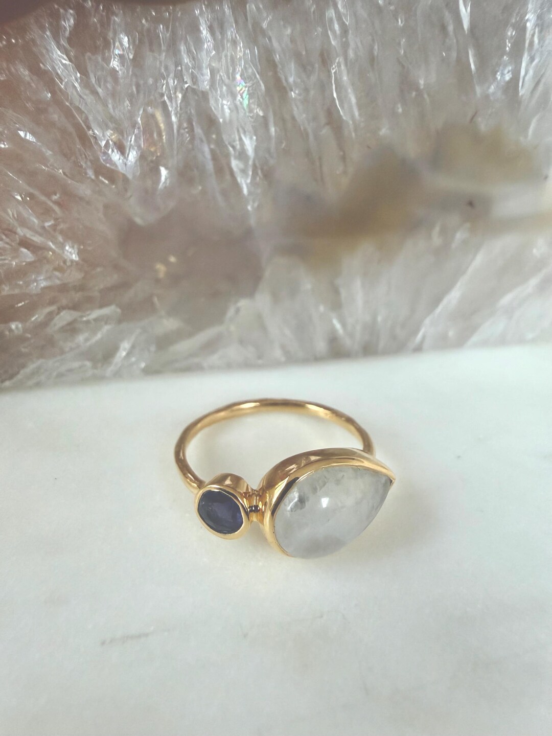 Aurora Rainbow Moonstone and Iolite Ring - Etsy