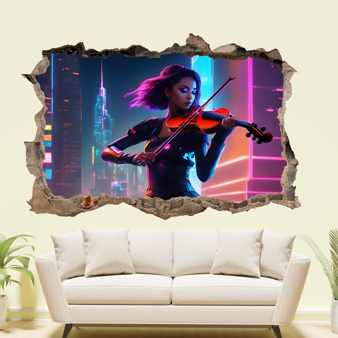Futuristic Girl Play Violin Wall Decal Sticker Mural Art Poster Room ...