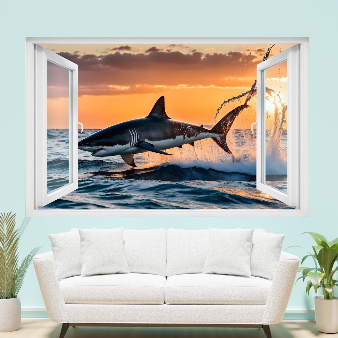 Sunset Great White Shark Poster Wall Sticker Mural Decal Bedroom Office ...