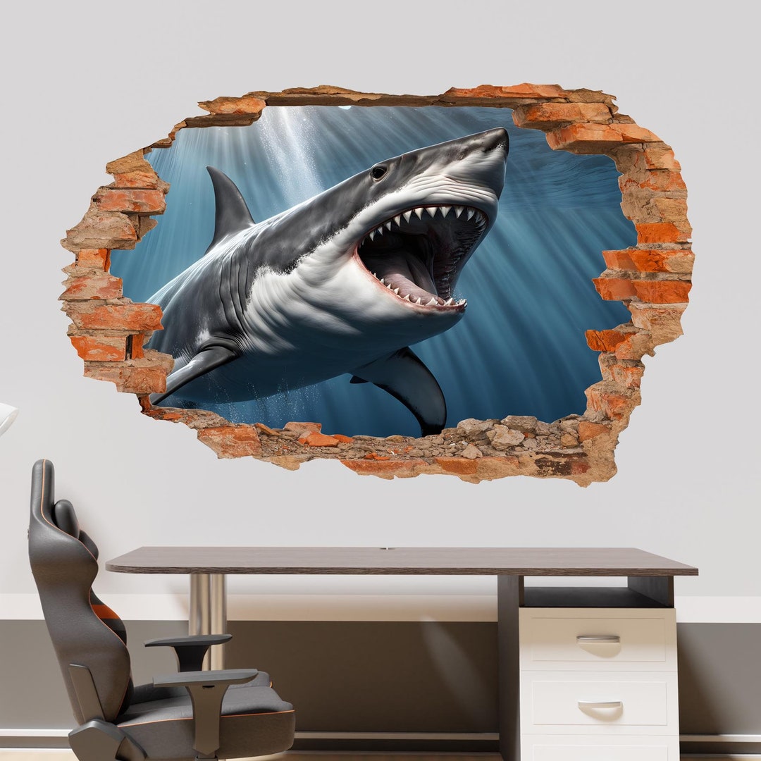 Great White Shark Deep Blue Sea Wall Sticker Mural Decal Bedroom Office ...