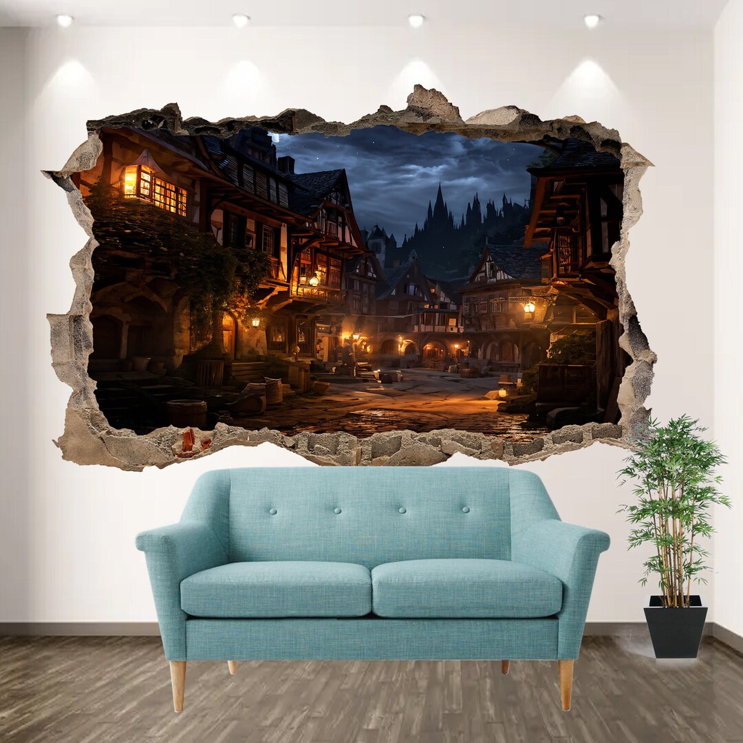 Medieval Town in Night Wall Sticker Art Poster Mural Decal Room Office ...