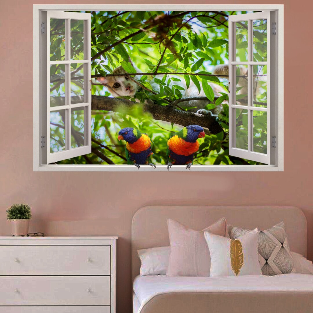 Cat Tree Parrots Wall Mural Sticker Poster Decal Room Office Nursery ...