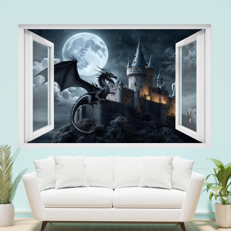 Dragon Full Moon Castle Wall Decal Sticker Mural Self-adhesive Poster ...