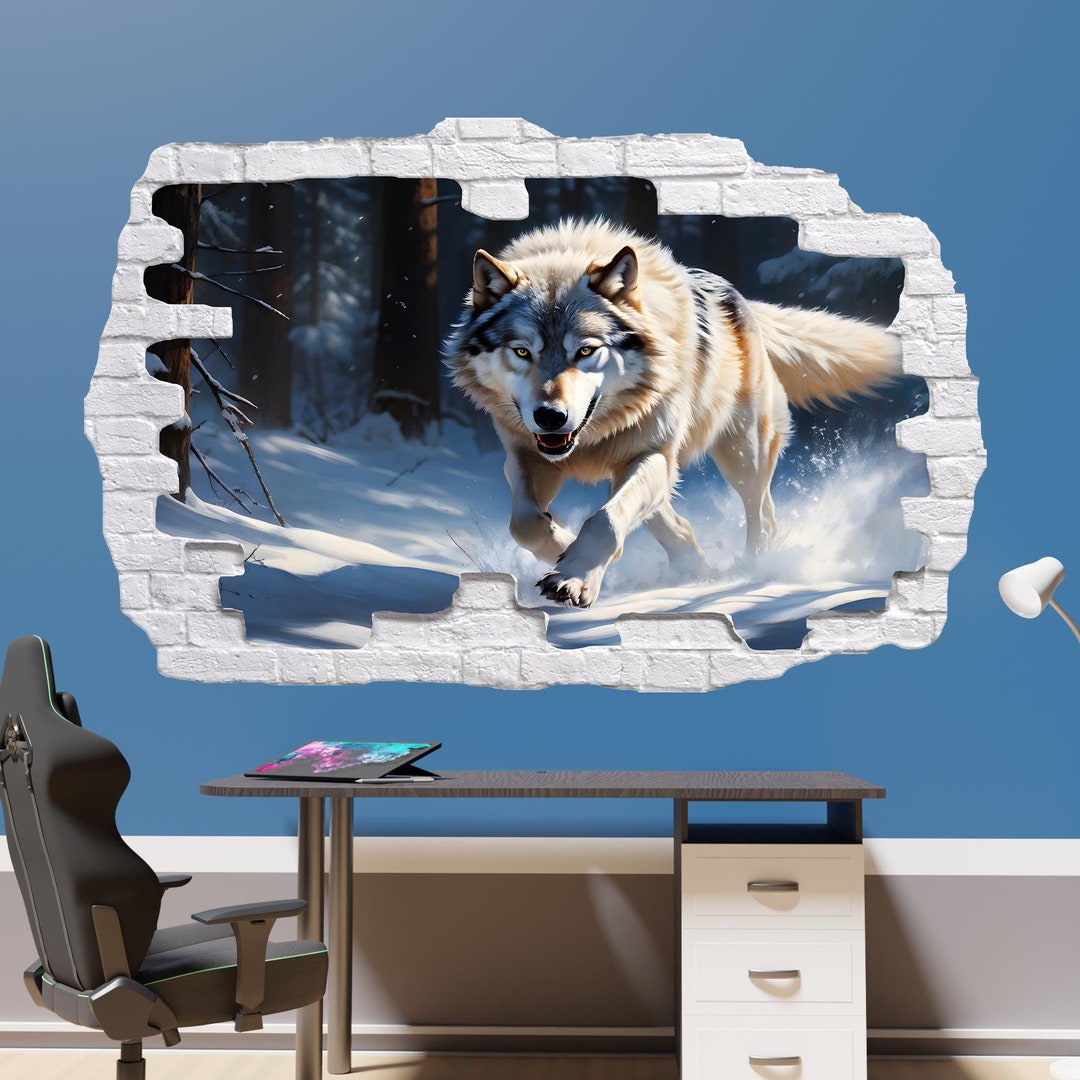 Hunting Wolf Snow Wall Mural Sticker Decal Poster Bedroom Office ...
