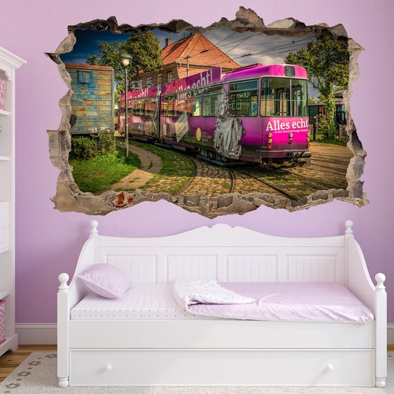 Transport Railway City Pink Tram Wall Sticker Art Poster Mural | Etsy