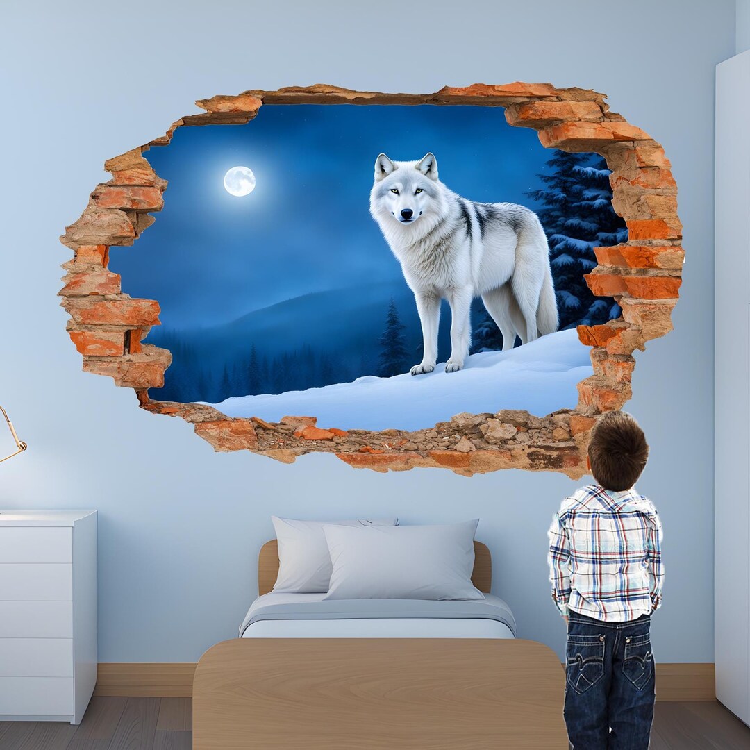 White Alpha Wolf Snow Mural Decal Sticker Poster Bedroom Office Nursery ...