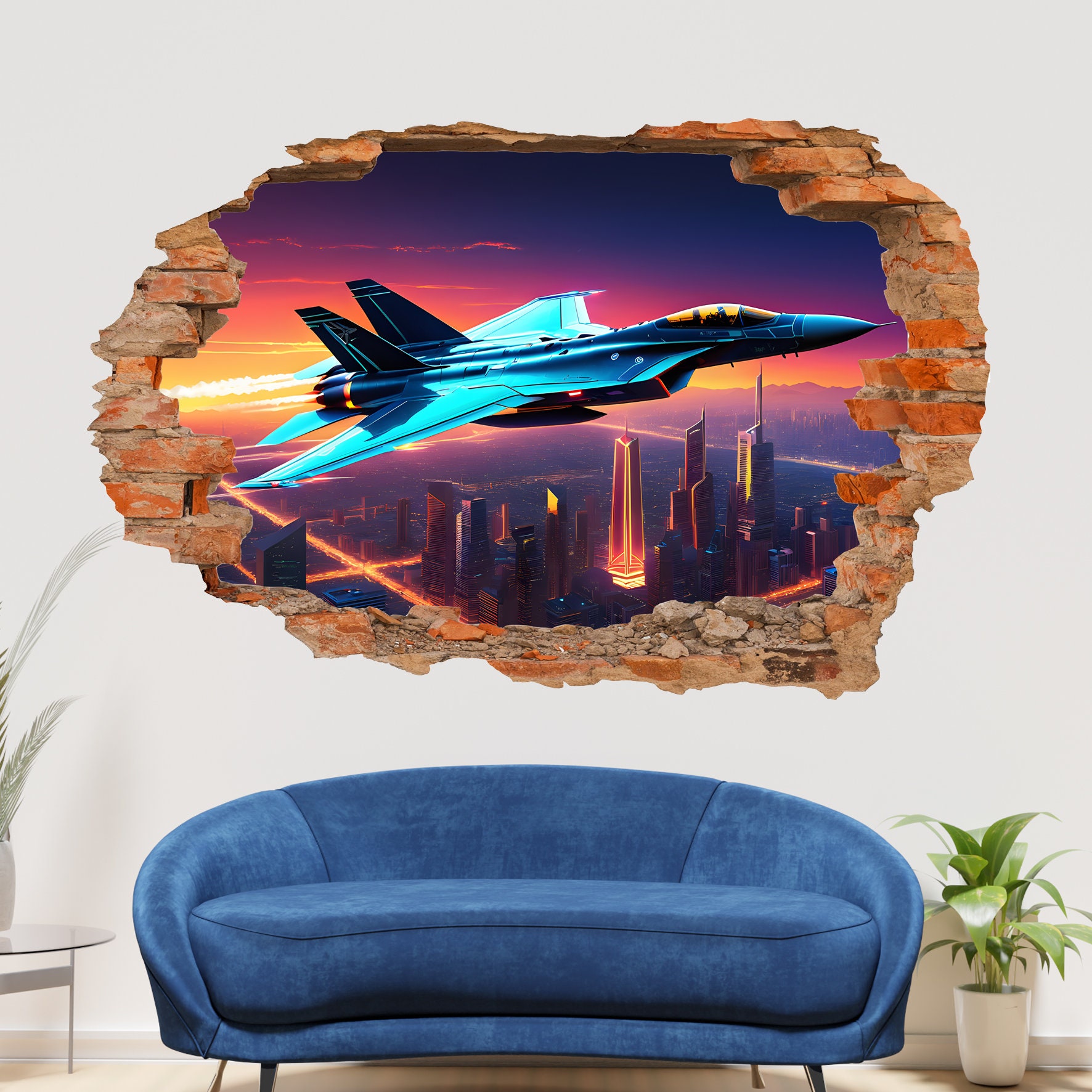 Epic Fighter Jet Over a City Wall Sticker Self-adhesive Mural Decal ...