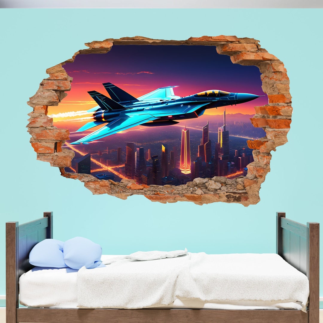 Epic Fighter Jet Over a City Wall Sticker Self-adhesive Mural Decal ...