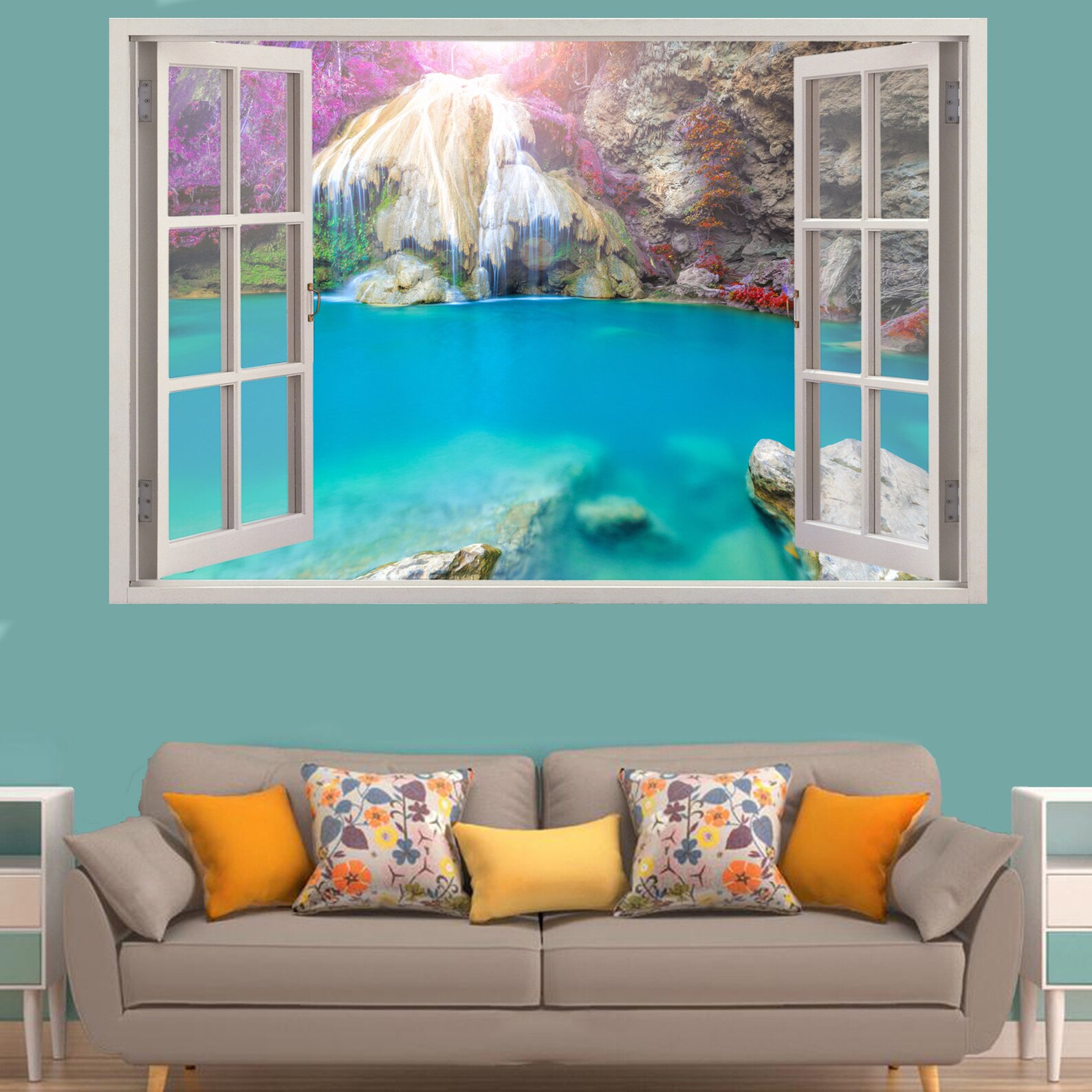 Botanical Garden Blue Lake Waterfall Wall Sticker Poster Mural | Etsy