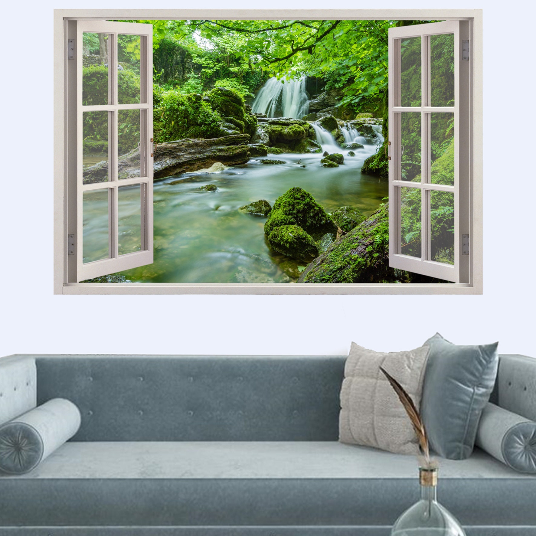Green Forest River Nature Waterfall Wall Sticker Mural Poster Decal ...