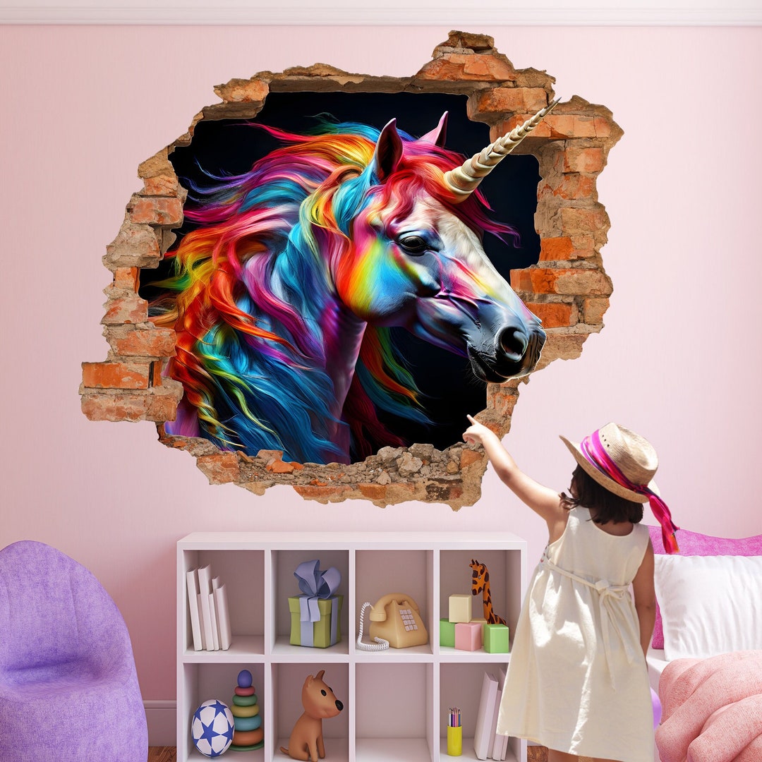 Rainbow Colors Unicorn Wall Sticker 3D Art Poster Mural Transfer Decal ...
