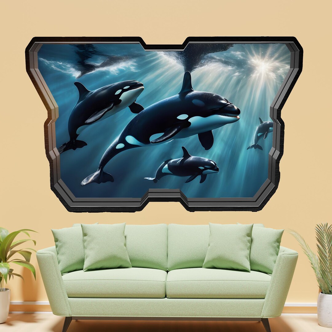 Pod of Orcas Under Sea Wall Sticker Mural Decal Poster Bedroom Office ...