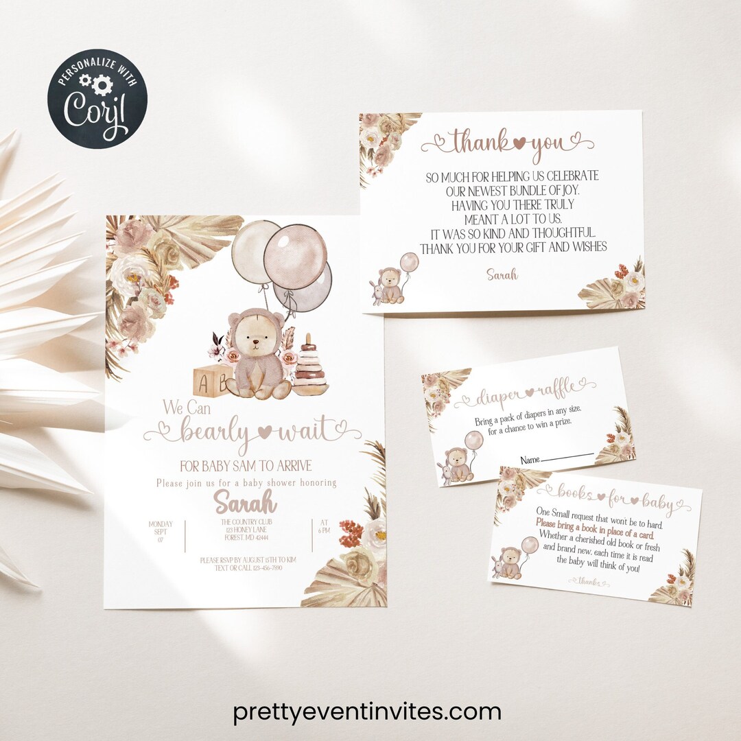 Plantilla de invitación de baby shower de oso boho / conjunto neutro ...