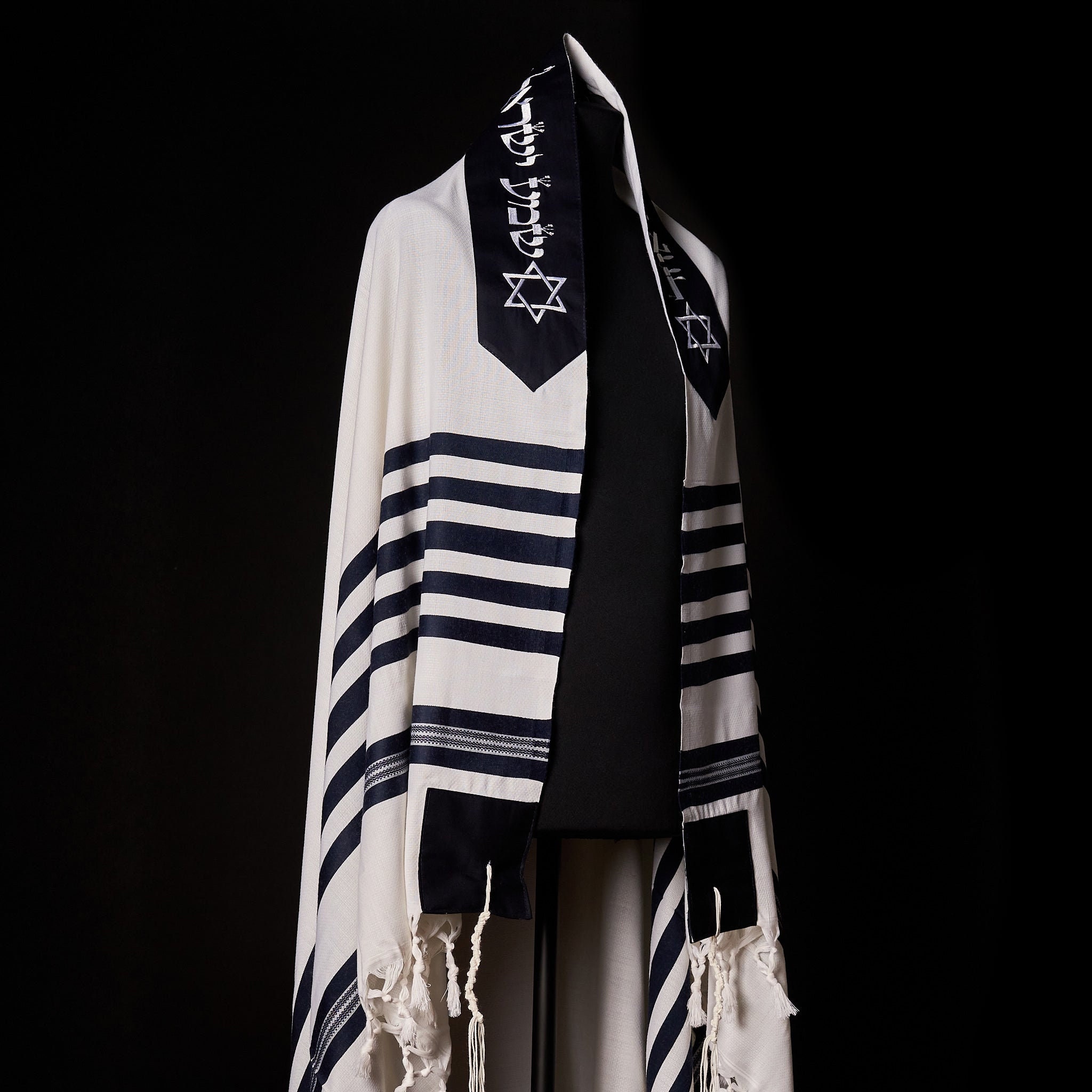 Large Tallit Am Israel Chai White and Navy 100% Kosher Wool Handmade in ...