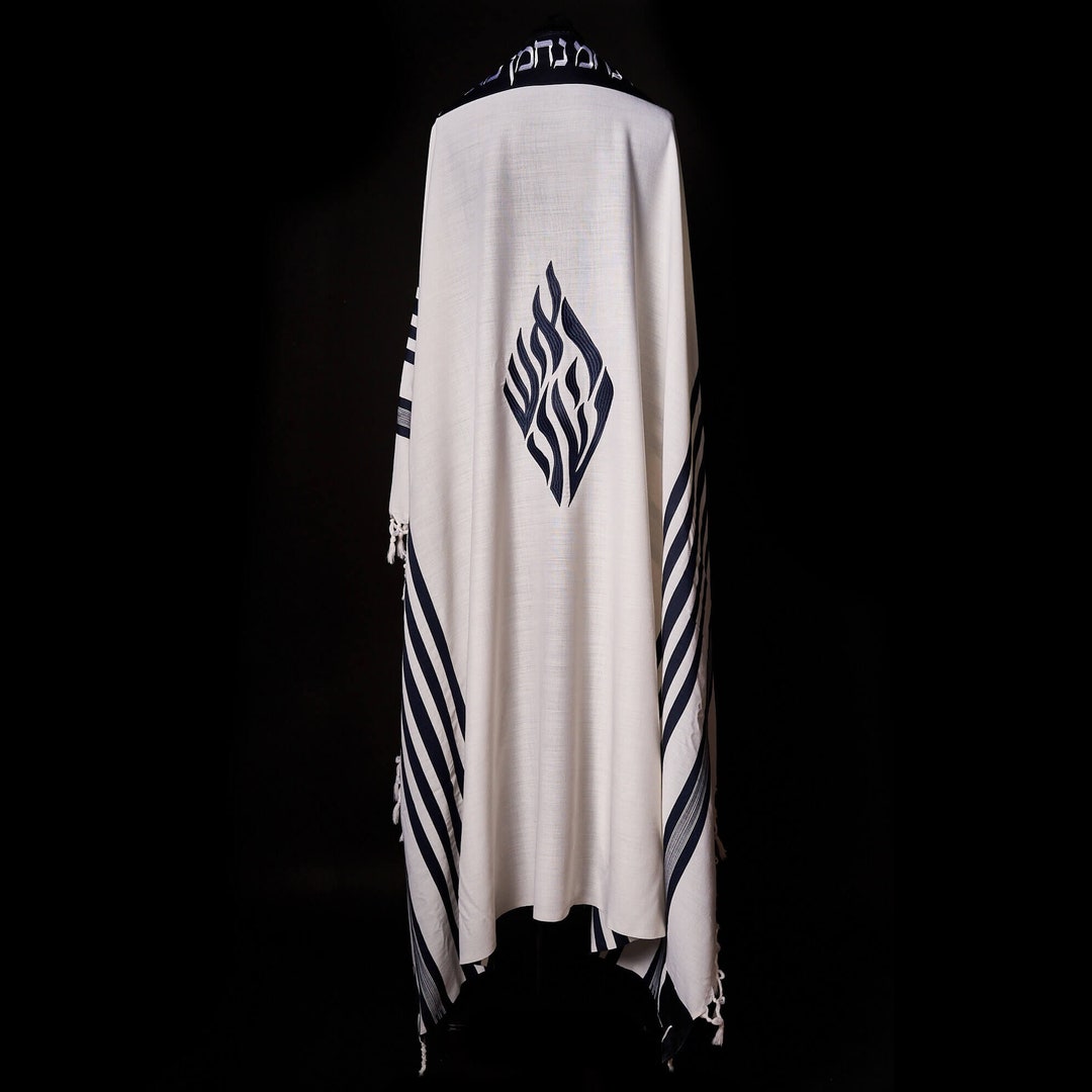 Large Tallit Am Israel Chai White and Navy 100% Kosher Wool Handmade in ...