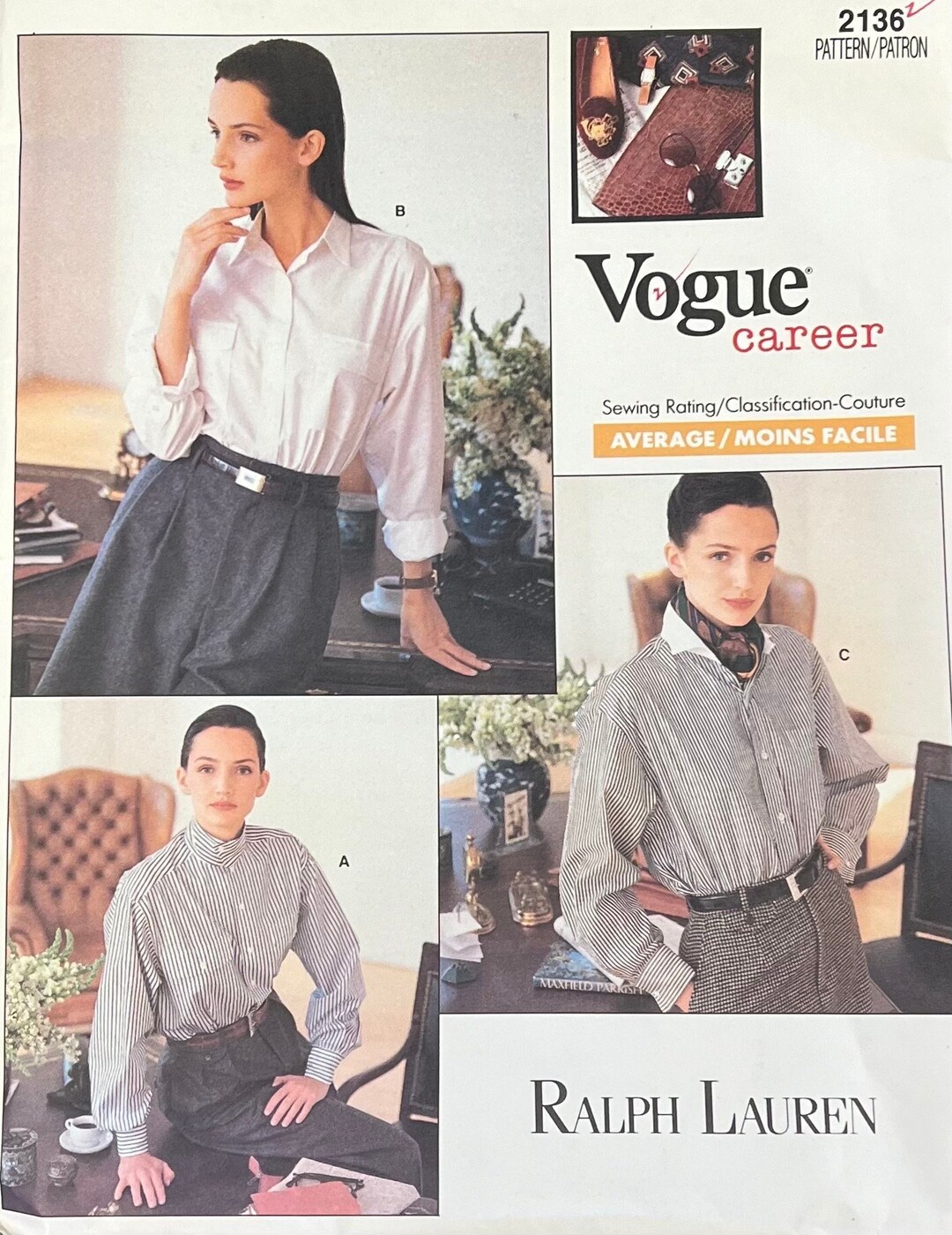 Vintage Vogue 2136 Vogue Career Ralph Lauren/misses' Shirt With Collar ...