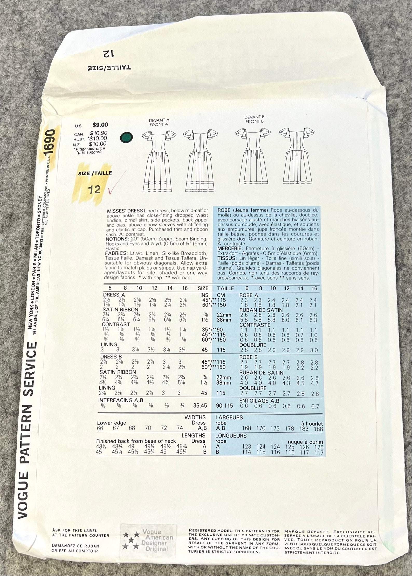 Vogue 1690 Vogue American Designer Kasper/misses' Lined Dress With ...