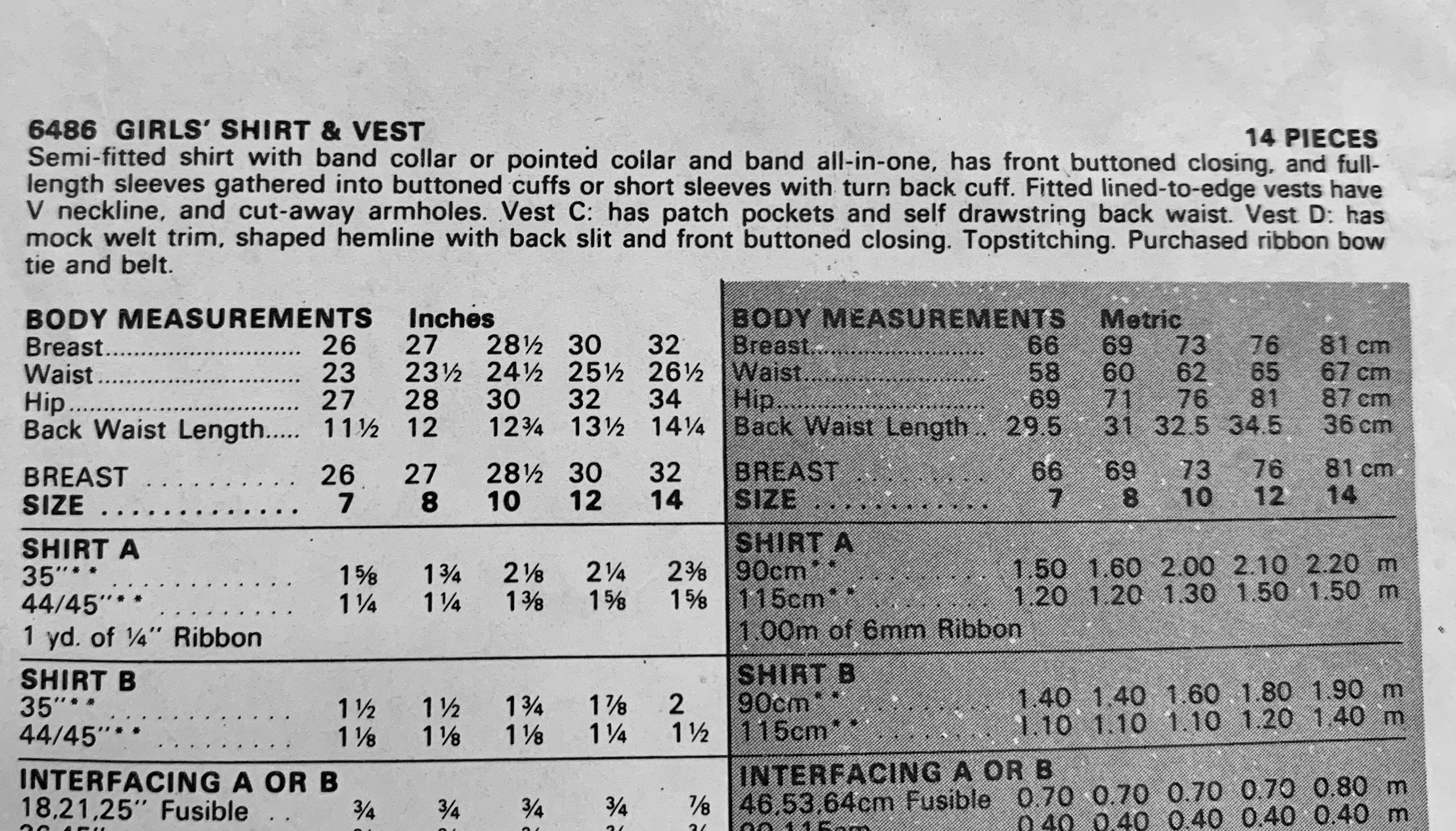 Butterick 6486 Sewing Pattern/girls' Blouse or Vest/size 7 Bust 26 Cut ...