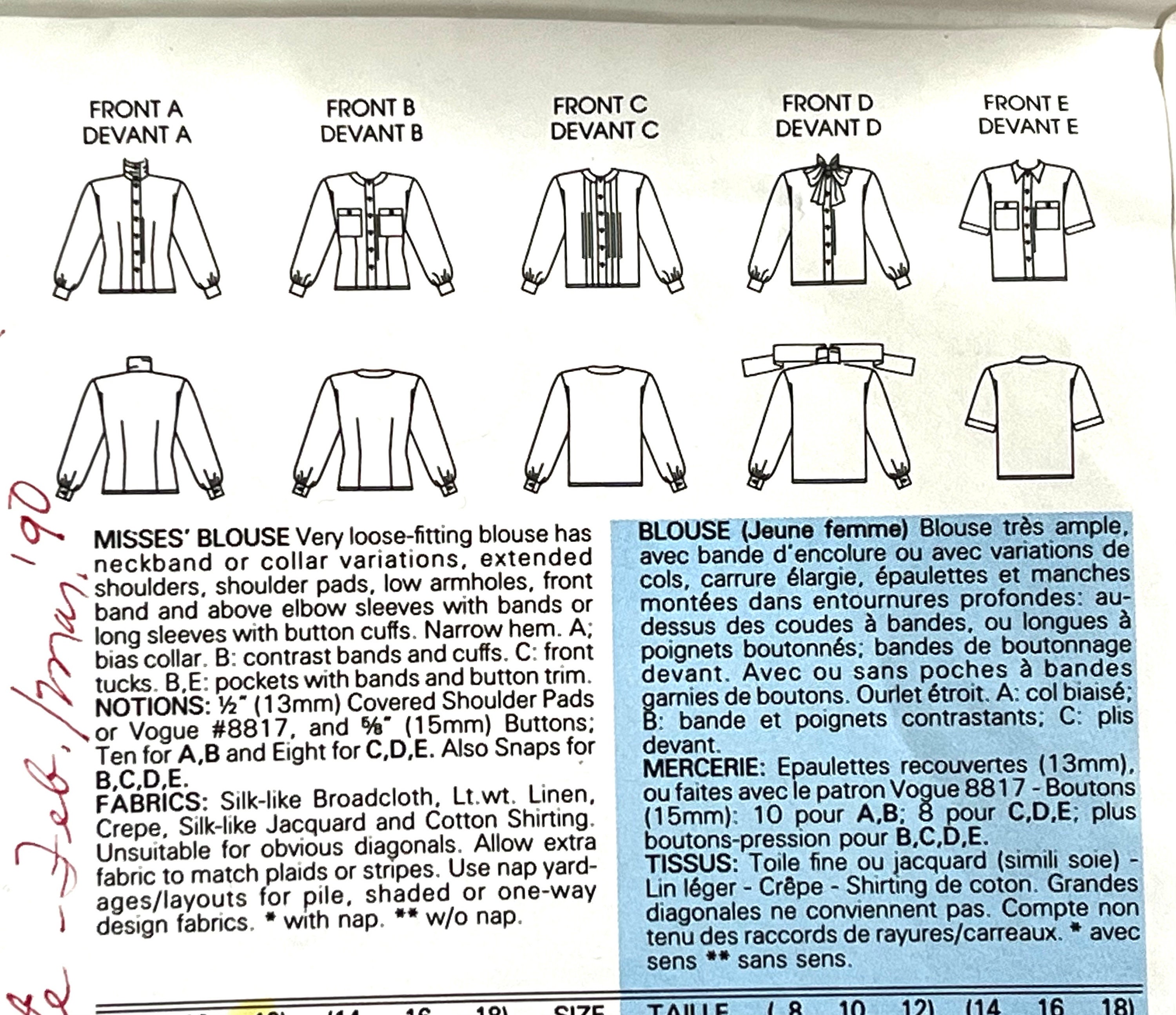 Vogue 1812 Vogue Basic Design Misses' Blouse Win 5 Styles With Sleeve ...