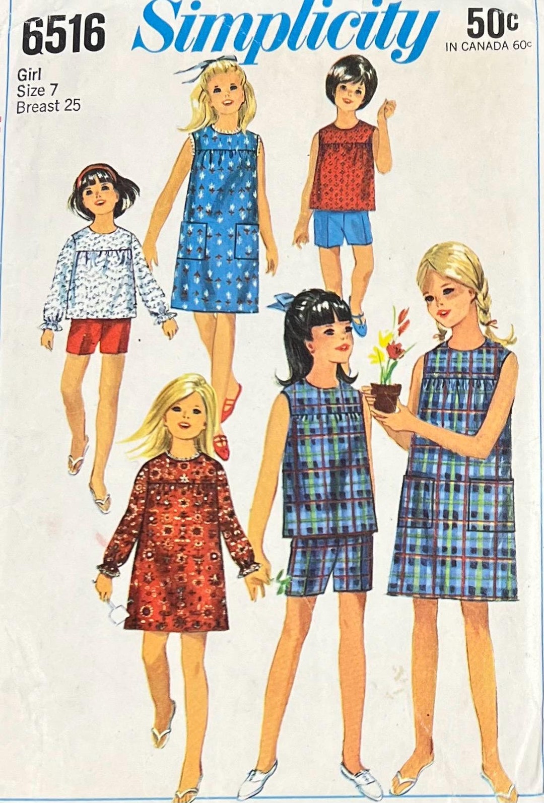 Simplicity 6516 Girls' One-piece Dress or Overblouse and Shorts Sewing ...