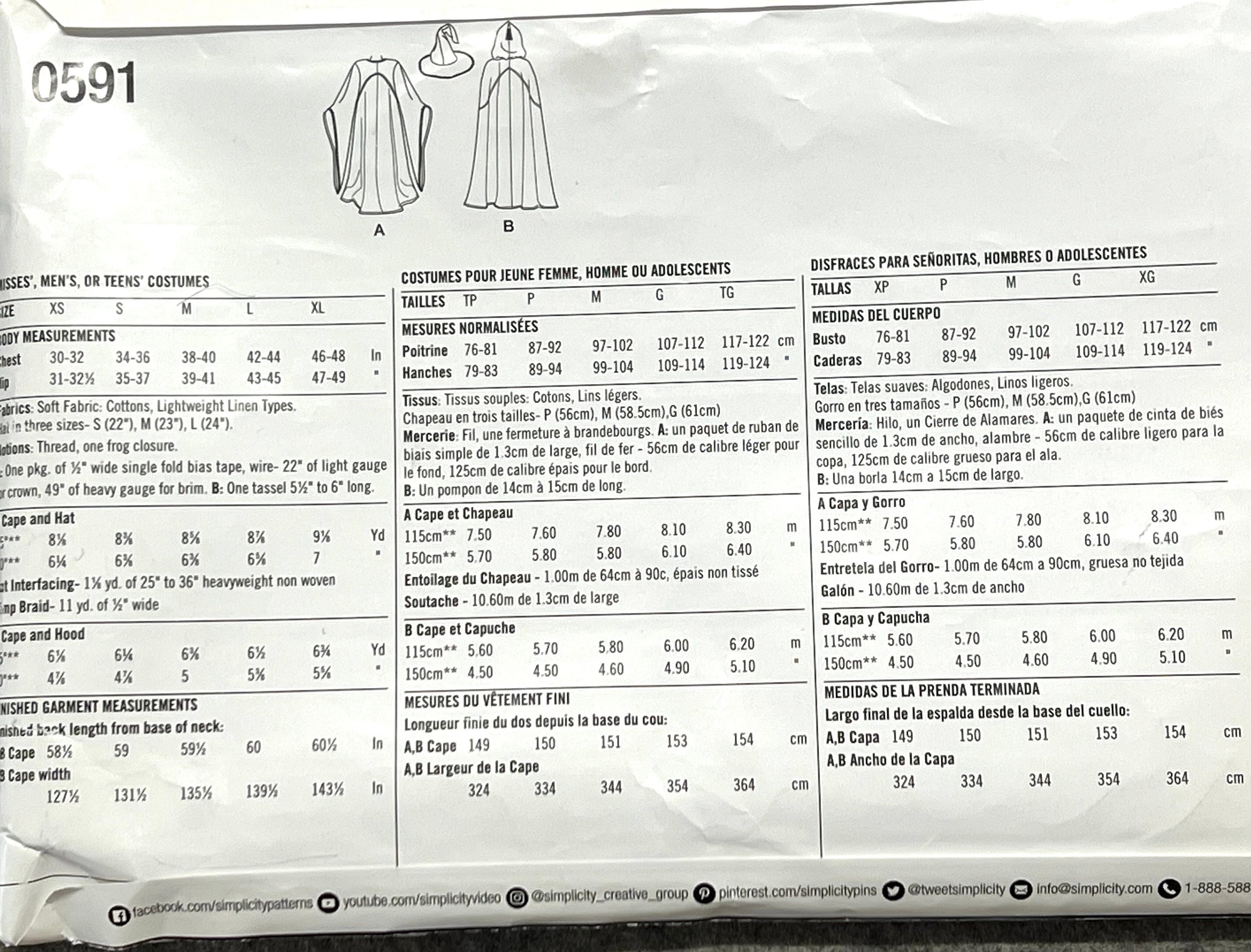 Simplicity 0591/unisex Costume Sewing Pattern/cloak - Etsy