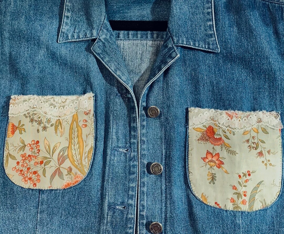 PL Upcycled Embellished Denim Vest With Lace and Swarovski Crystals ...