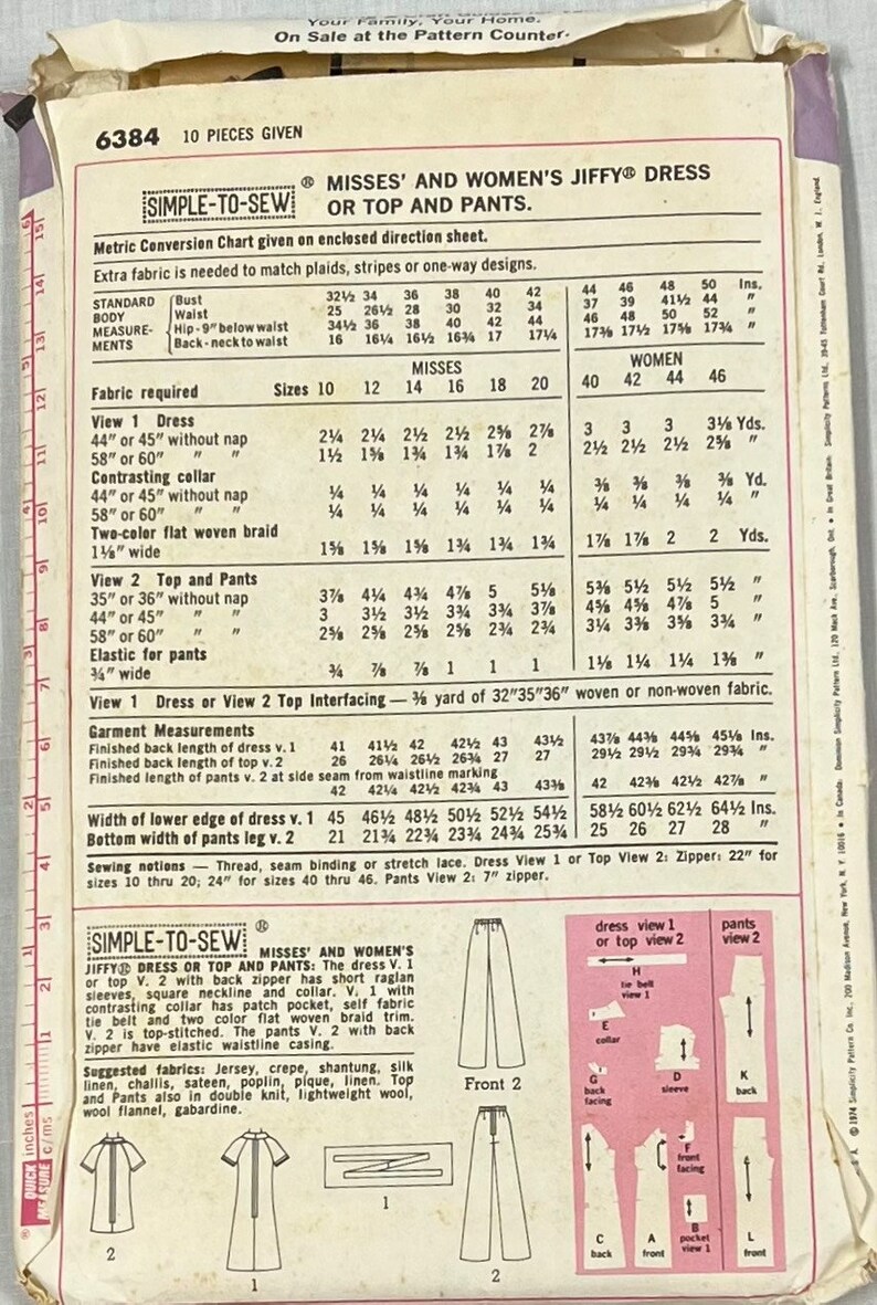 Simplicity 6384 Easy Cut-easy Sew/misses and Women's Jiffy Dress or Top ...