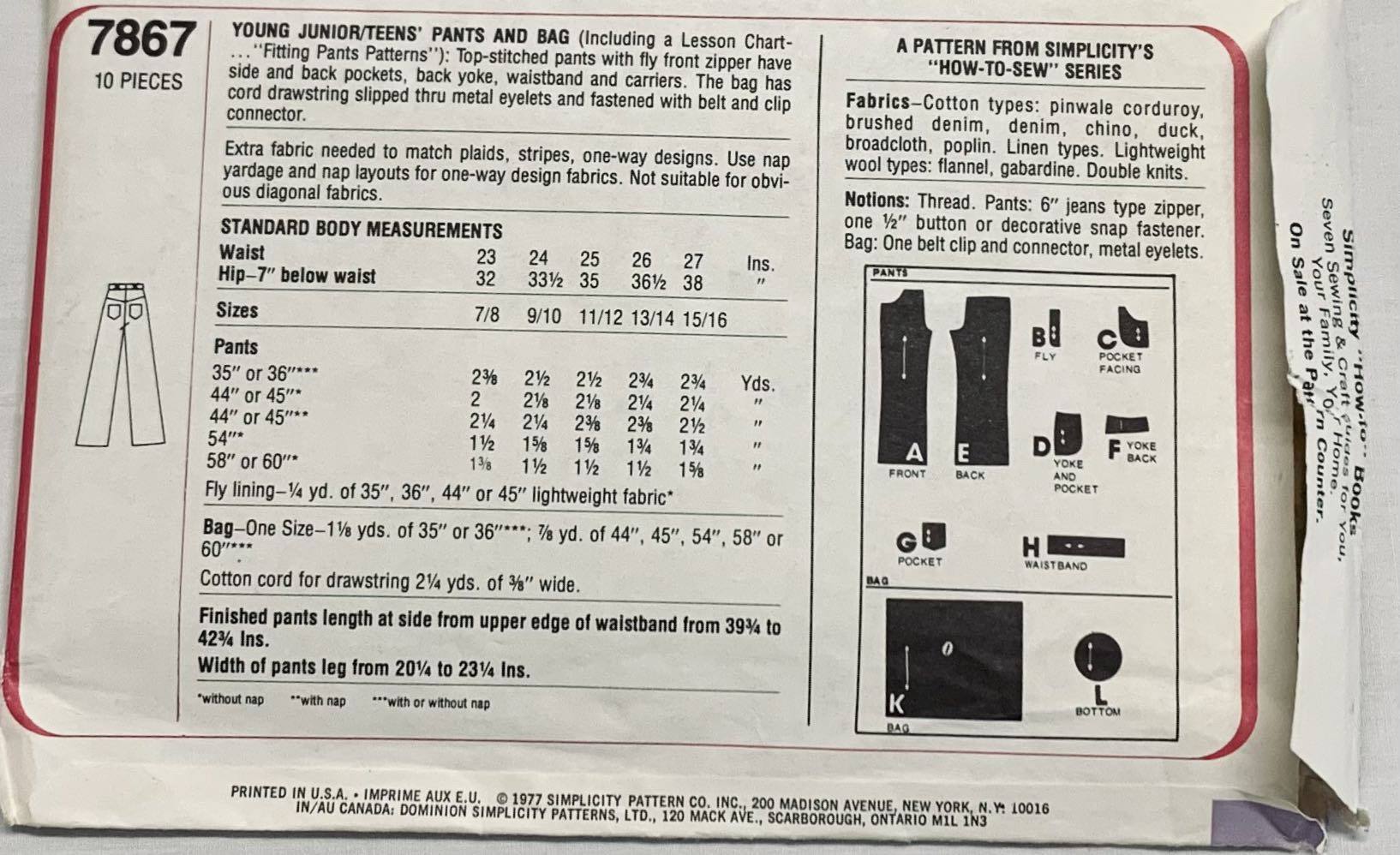 Simplicity 7867 Young Junior and Teens' Pants and Bag Sewing Pattern/a ...