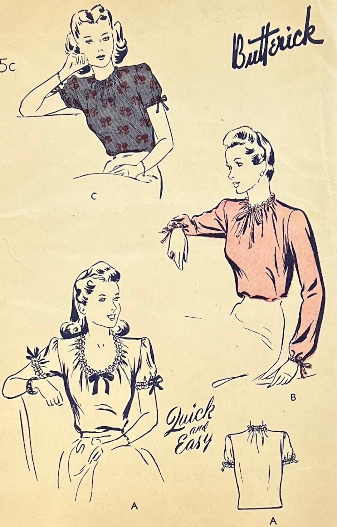 1940s Butterick 2504 Blouse Sewing Pattern, Size 10 (PRECUT) - Etsy