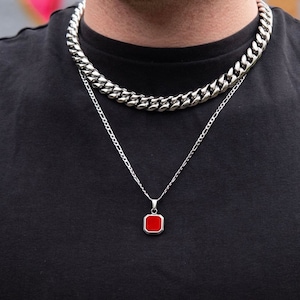 Mens Necklace - Silver & Red Pendant Necklace for Men - Necklace With ...