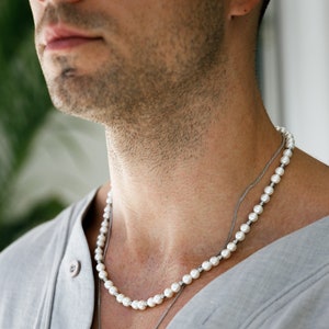 Mens Pearl Necklace Chain - 6MM Shell Pearl Necklace Men, Silver Chain ...