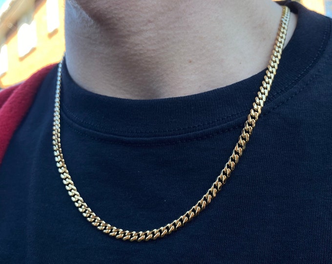 18k Gold Chain Necklace Mens Chains Cuban Curb Thick 5mm Gold Plated ...