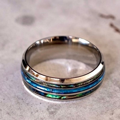 Handcrafted Blue Ice Opal Inlay Ring Stainless Steel Band - Etsy