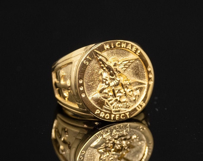 Mens Ring Gold St Michael Ring Signet Sovereign Rings for Men, Large ...